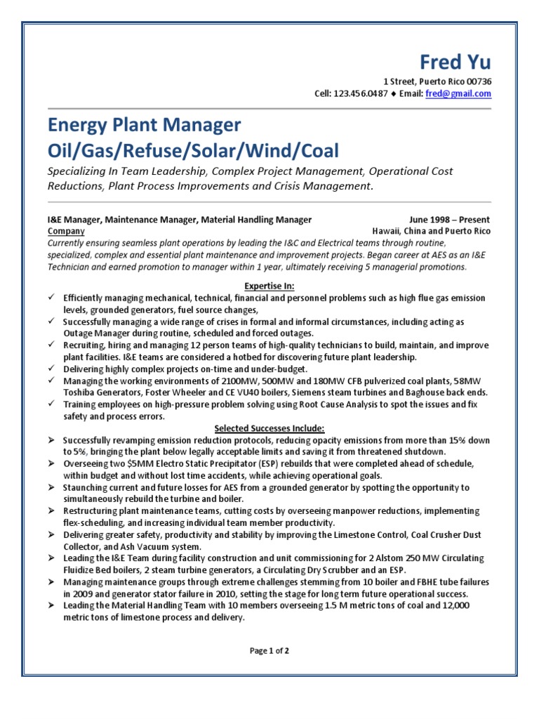 Plant Manager Sample Resume From Freedom Resumes | PDF | Coal | Fossil ...