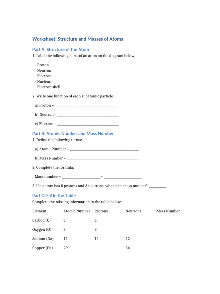 Atom Structure and Mass Worksheet | PDF