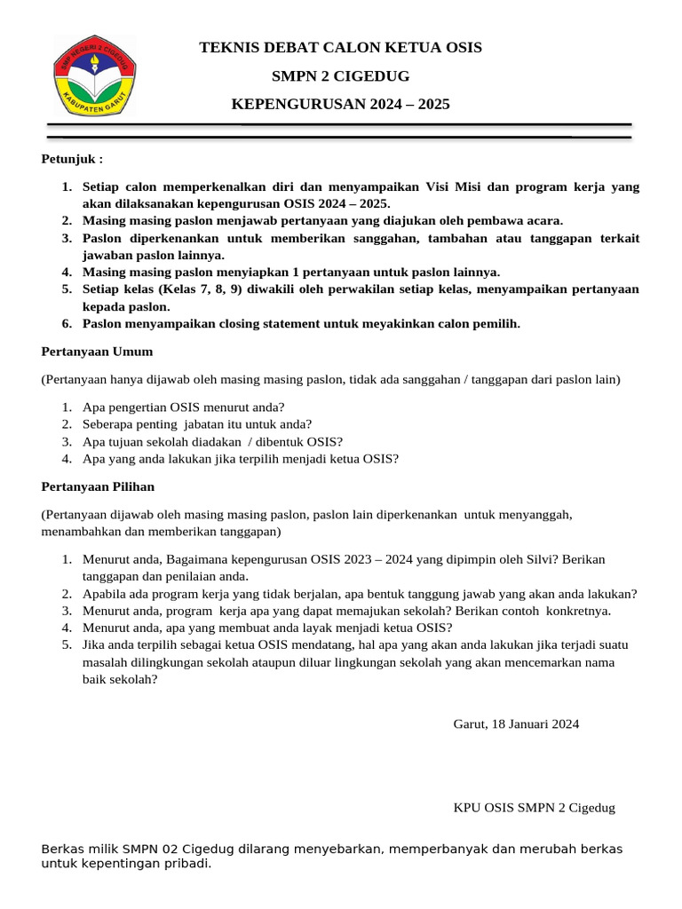 Tata Tertib Debat Calon Ketua OSIS | PDF