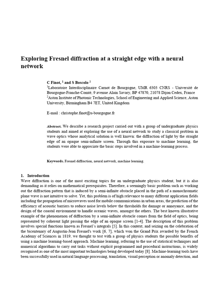 Exploring Fresnel Diffraction at a Straight Edge With a Neural Network | PDF | Diffraction ...