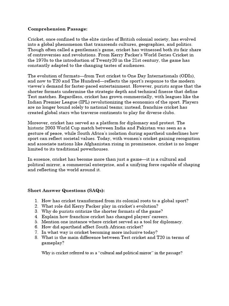 Comprehension Passage Cricket | PDF