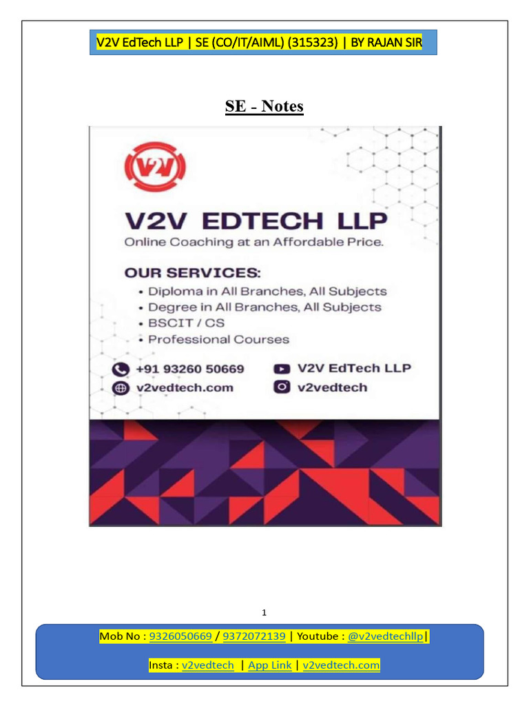 V2V Unit 1 Basics of Software Engineering by Rajan Sir | PDF | Software Development Process ...