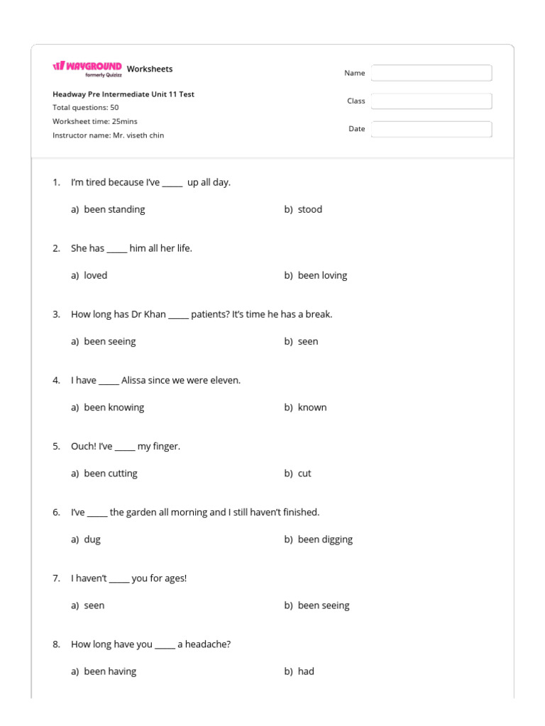 Pre-Intermediate Unit 11 Test Worksheet | PDF | Wife