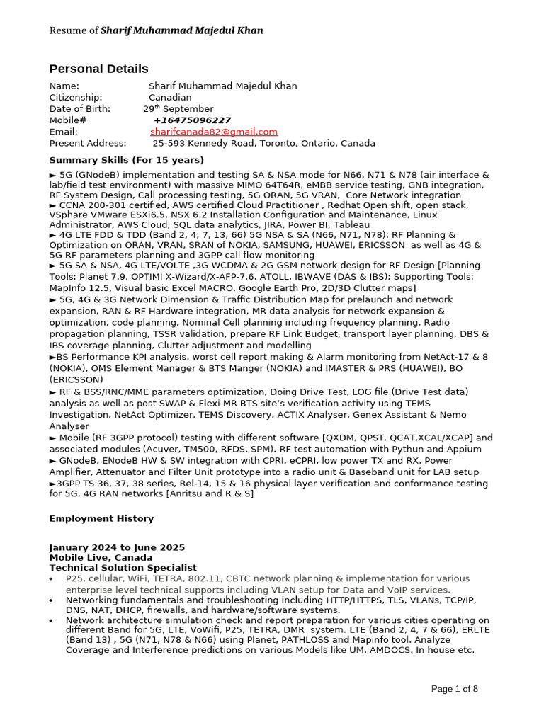 Sharif Khan's 5G & RF Specialist Resume | PDF | Lte (Telecommunication ...