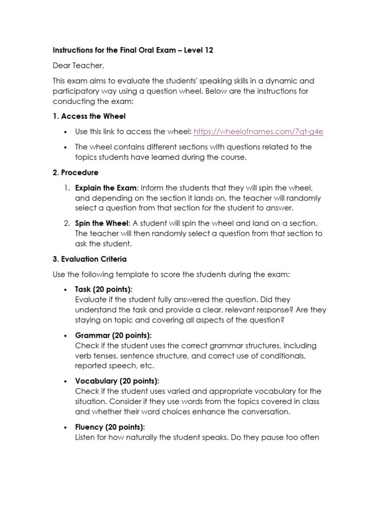 Instructions for the Final Oral Exam- Level 12 | PDF | Question ...