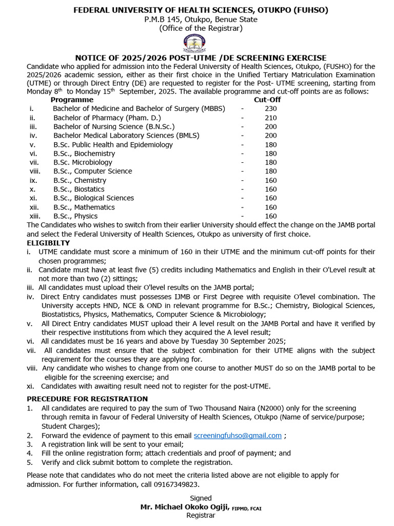 NOTICE_OF_2025-2026_POST-UTME__REGISTRATION | PDF | Health Care