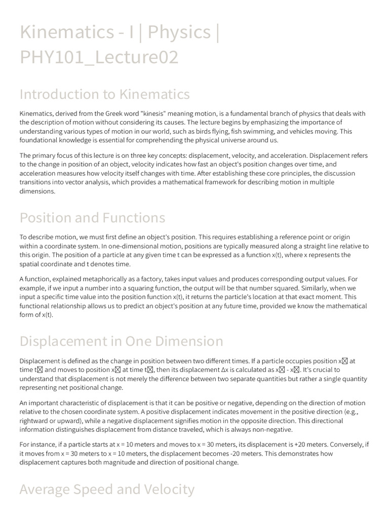 Kinematics - I - Physics - PHY101 - Lecture02 | PDF | Acceleration | Velocity