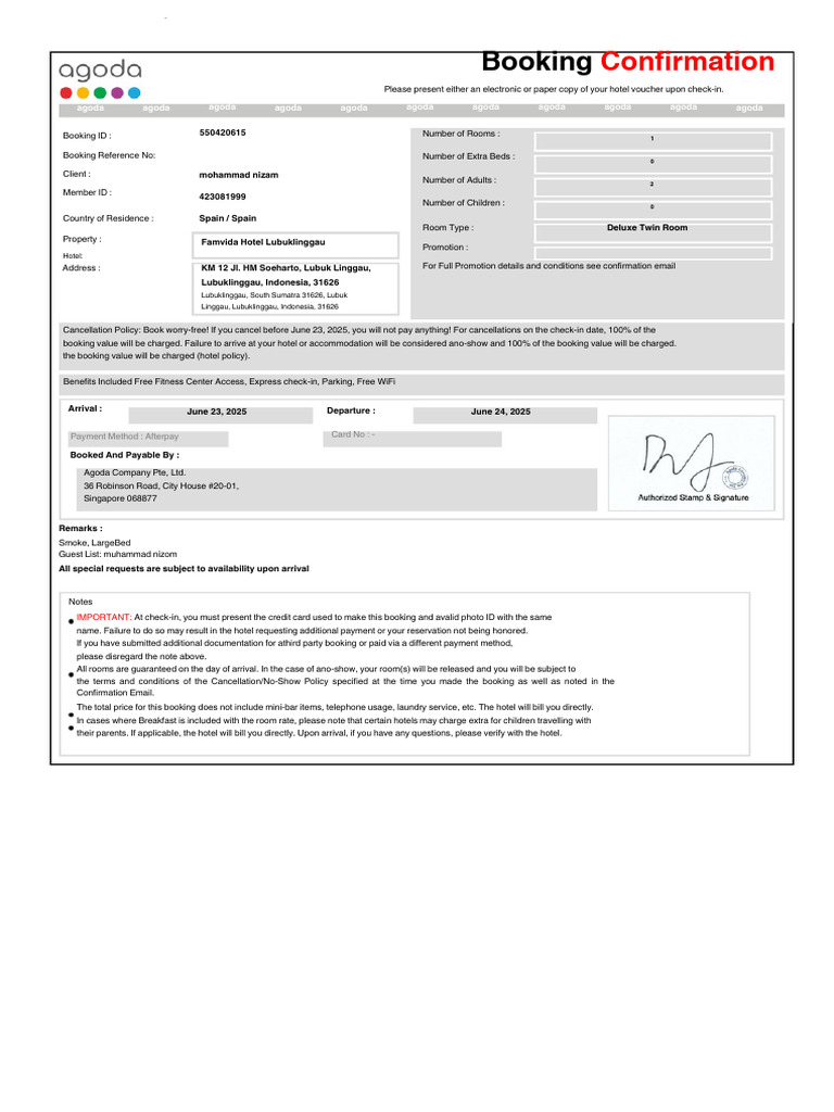 Confirmation For Booking ID # 550420615 PDF | PDF