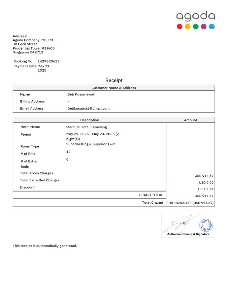 Agoda Hotel Booking Receipt Details | PDF
