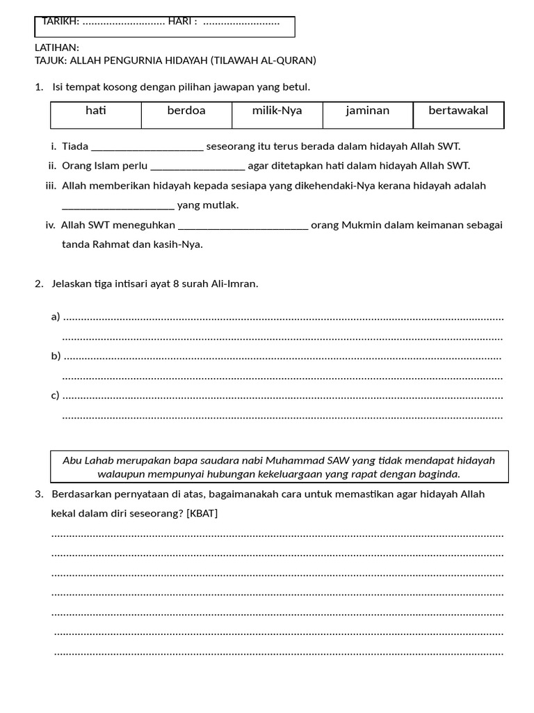 Latihan t2 Tajuk 1 Hidayah | PDF