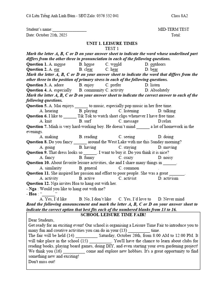 Mid-Term English Test for Class 8A2 | PDF | Hobbies | Bathroom