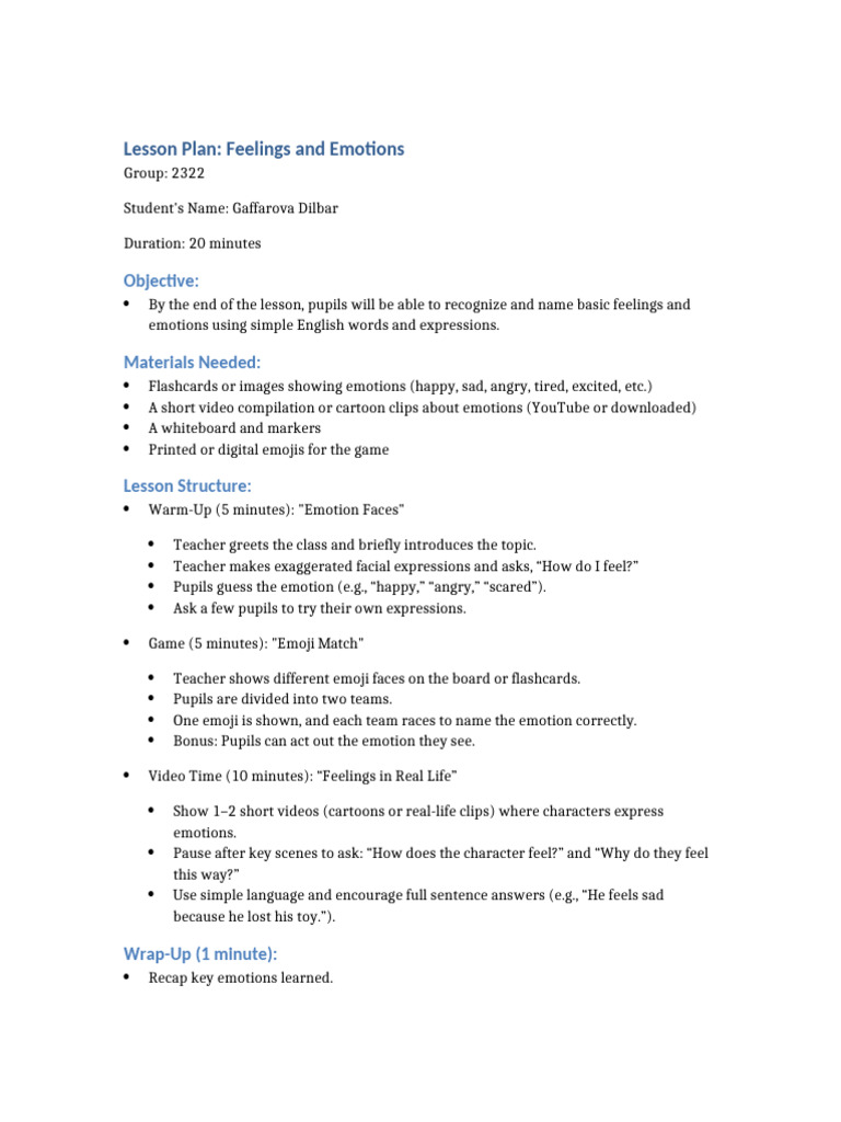Lesson Plan Feelings and Emotions | PDF
