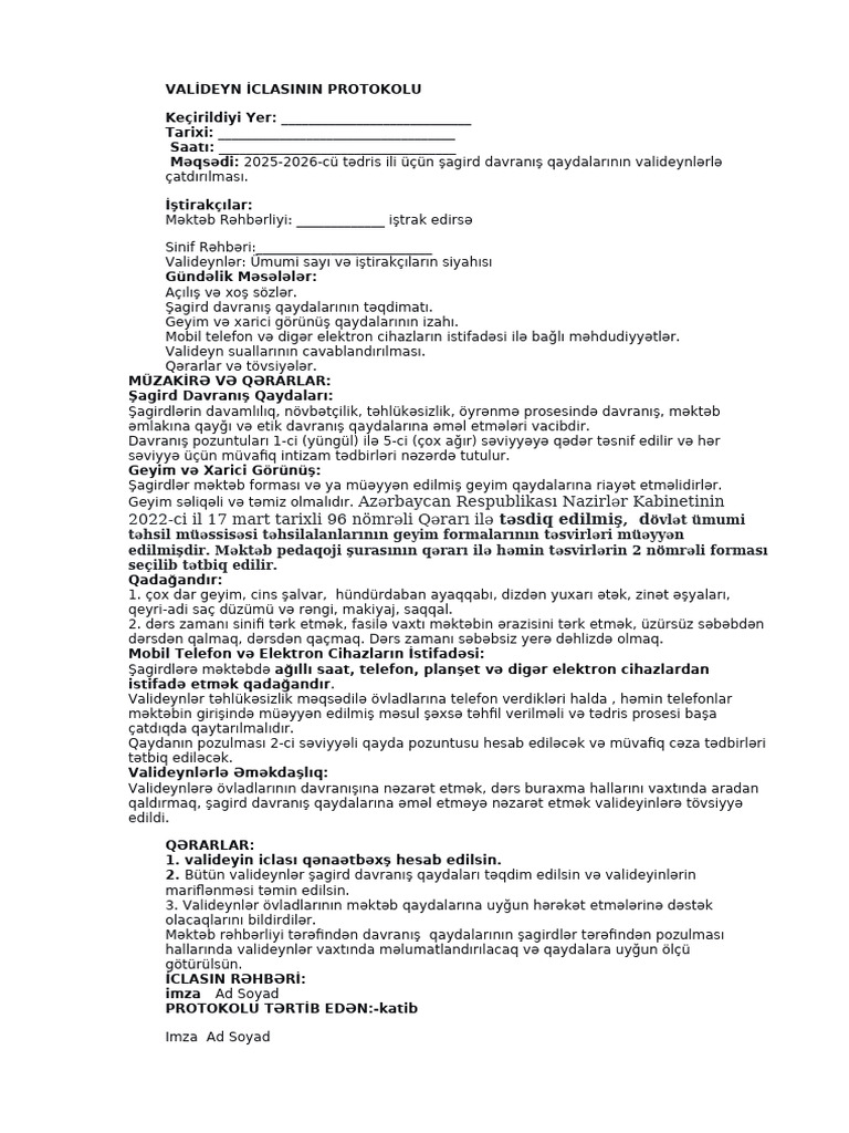 Valideyin Iclası Protokol Nümunə 271 | PDF