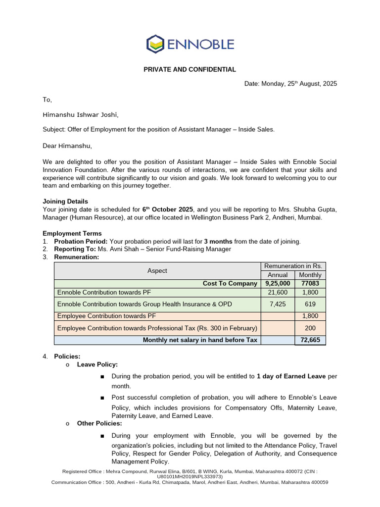 Employment Offer: Assistant Manager Sales | PDF | Business