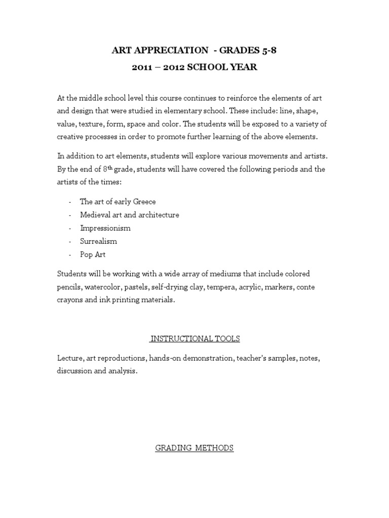 Middle School Art Appreciation Syllabus | PDF