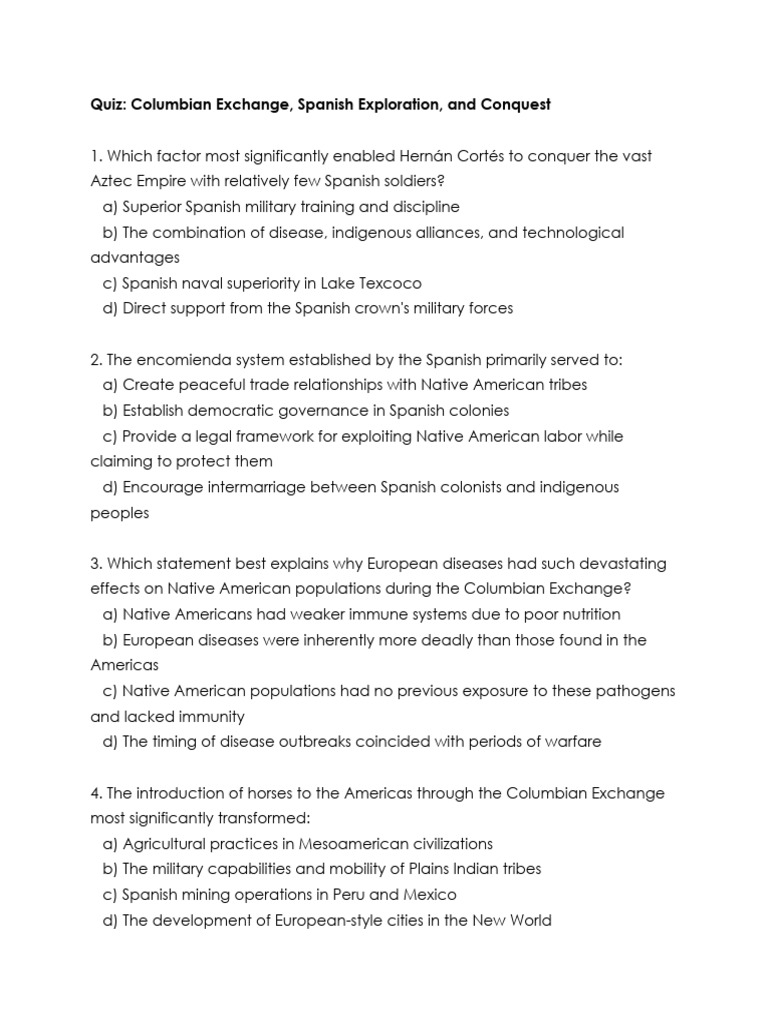Columbian Exchange & Spanish Conquest Quiz | PDF | Spanish Colonization ...