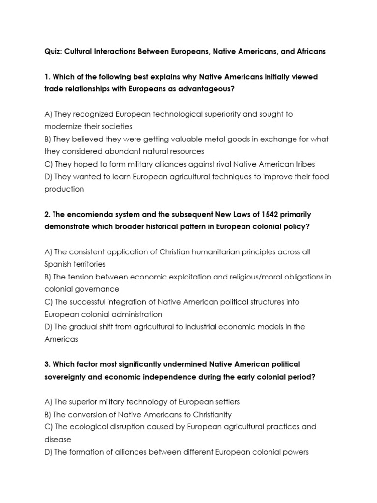 Quiz - Cultural Interactions Between Europeans, Native Americans, and ...