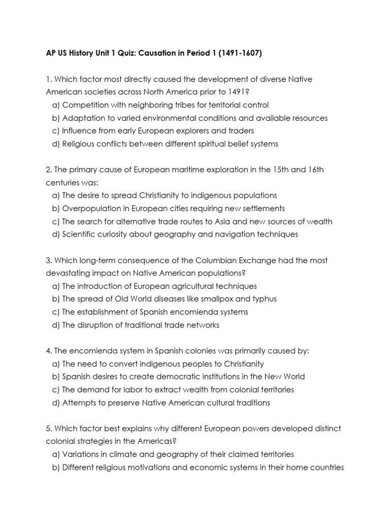 AP US History Unit 1 Quiz: Causation 1491-1607 | PDF | Indigenous ...