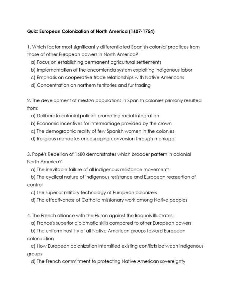 Quiz - European Colonization of North America (1607-1754) | PDF ...