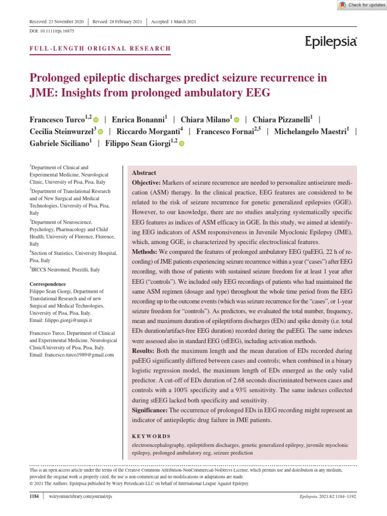 Prolonged Epileptic Discharges Predict Seizure Recurrence in JME 2021 ...