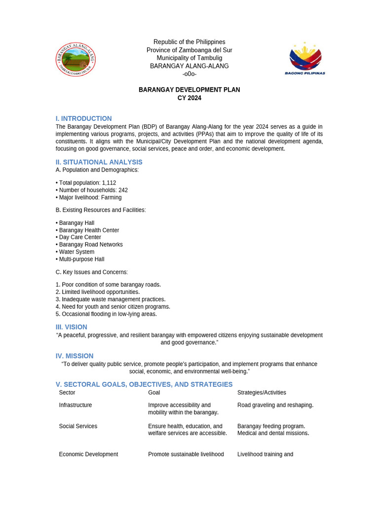 Barangay Alang-Alang Development Plan 2024 | PDF | Malnutrition