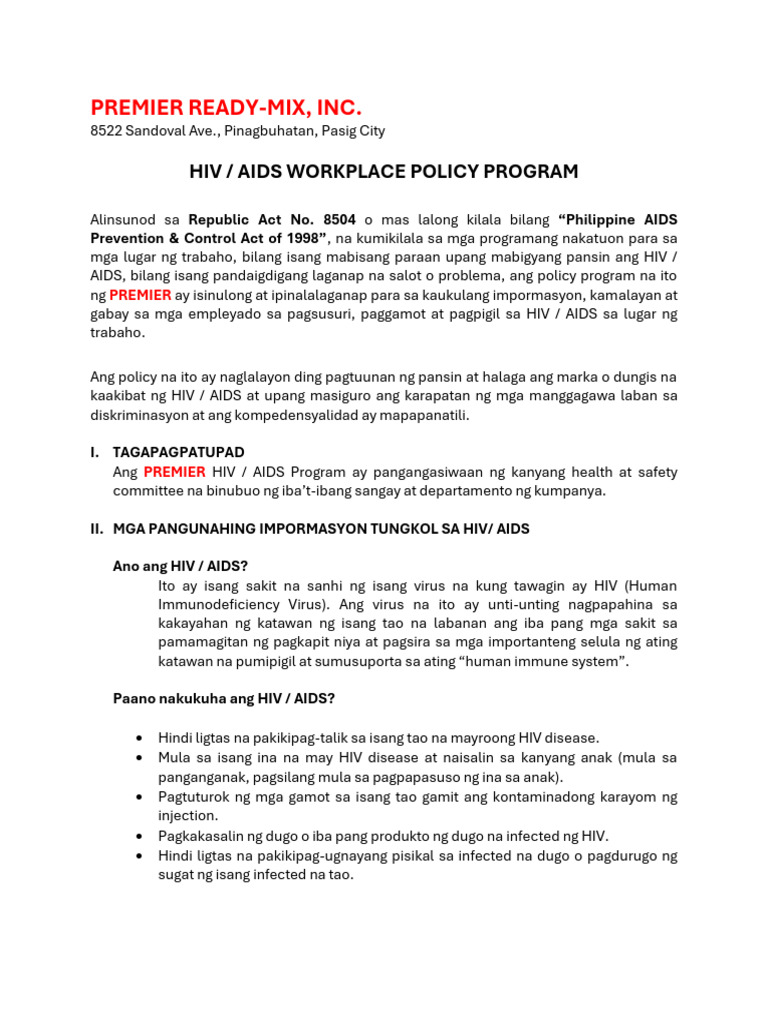 HIV ADS Workplace Policy | PDF