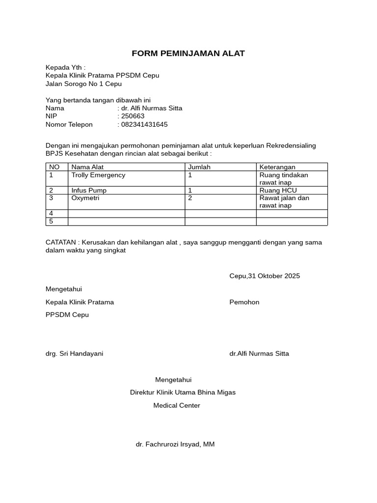 Form Peminjaman Alat | PDF
