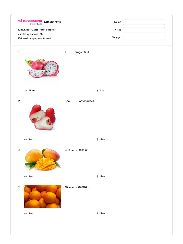 LKPD Likes Fruit Kelas 2 | PDF | Foods | Fruit
