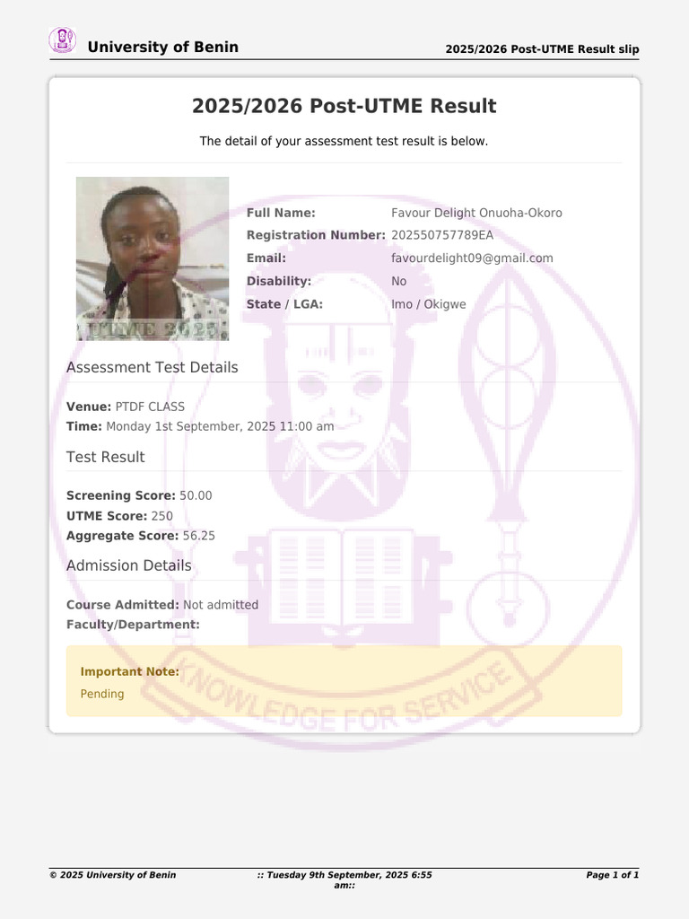 2025_2026 Post-UTME Result Slip (1)-2 | PDF