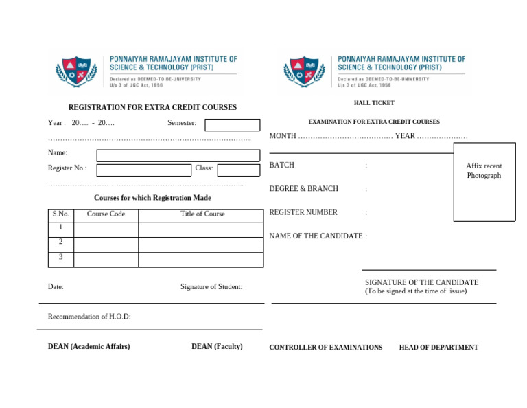 Extra Credit Registration & Hall Ticket Form - 2023 | PDF