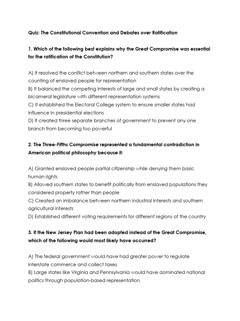 Quiz - The Constitutional Convention and Debates Over Ratification ...