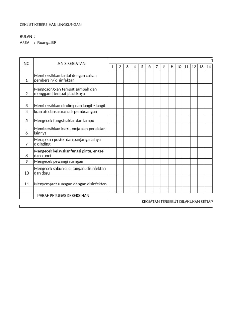 Ceklist Kebersihan Ruangan BP Harian | PDF