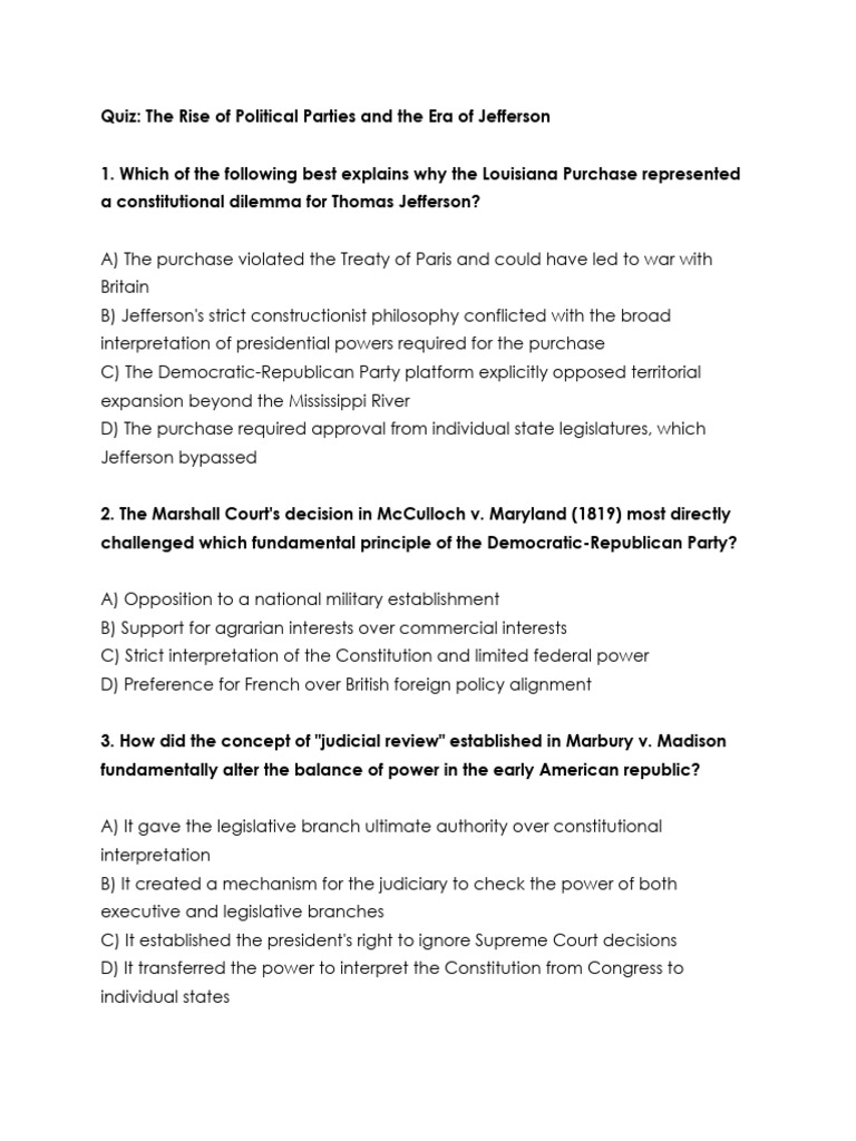 Quiz - The Rise of Political Parties and The Era of Jefferson | PDF ...