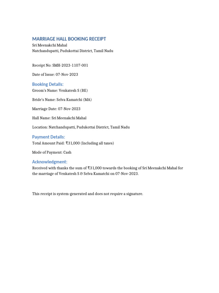 Marriage Hall Booking Receipt | PDF