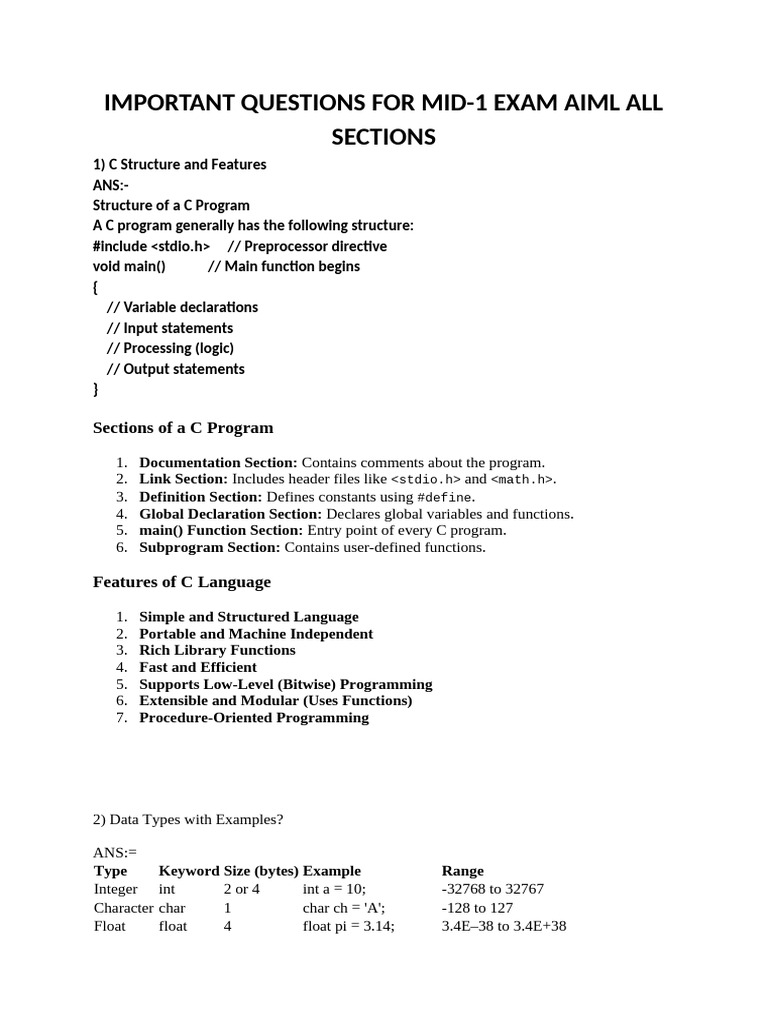 Important Questions Pps Mid-1 Aiml All Sections | PDF | Computer Program | Programming