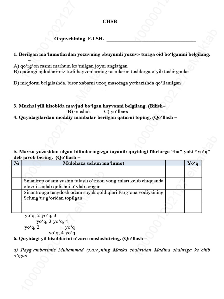 5-Sinf. Tarixdan Hikoyalar. CHSB-1 | PDF