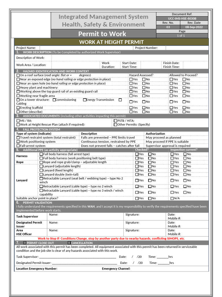 Work at Height Permit Template | PDF | Occupational Safety And Health ...