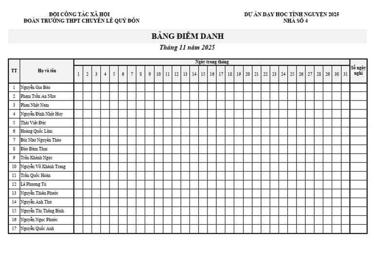 Bang Diem Danh Nha 4 | PDF