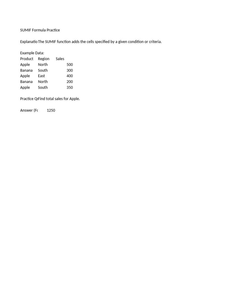 Excel Formula Practice Exercises | PDF