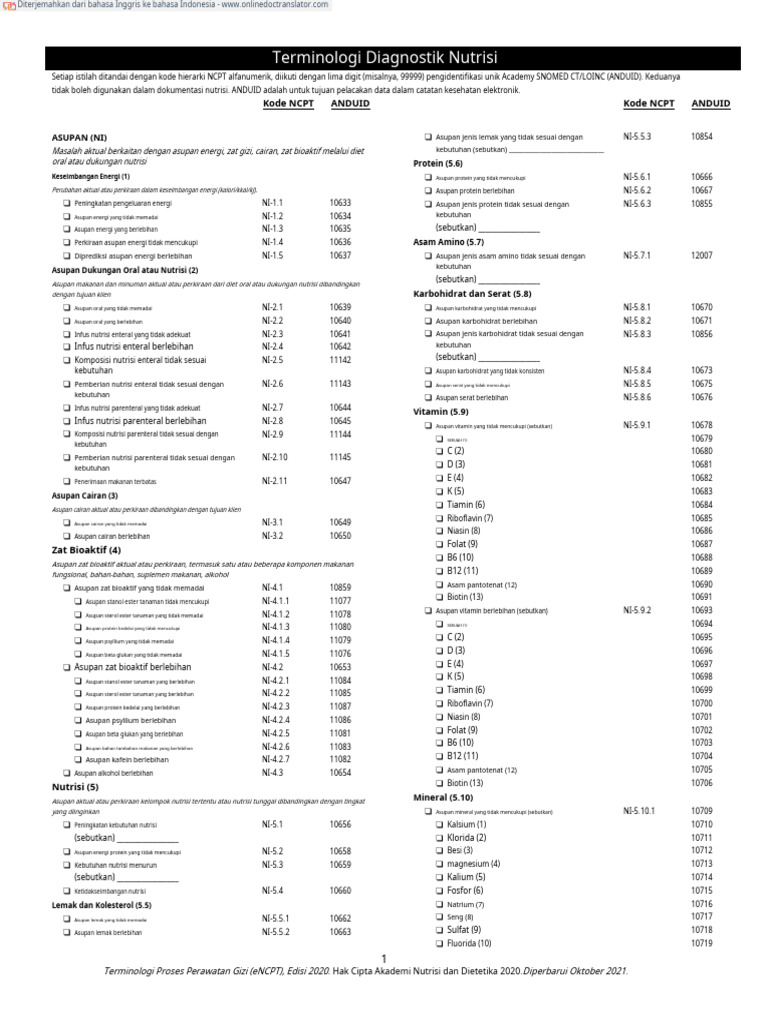 Terminologi Diagnostik Nutrisi NCPT | PDF