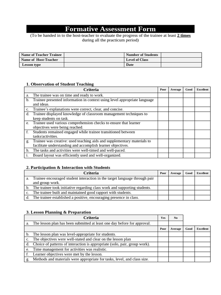 Formative Assessment Form | PDF | Lesson Plan | Teachers