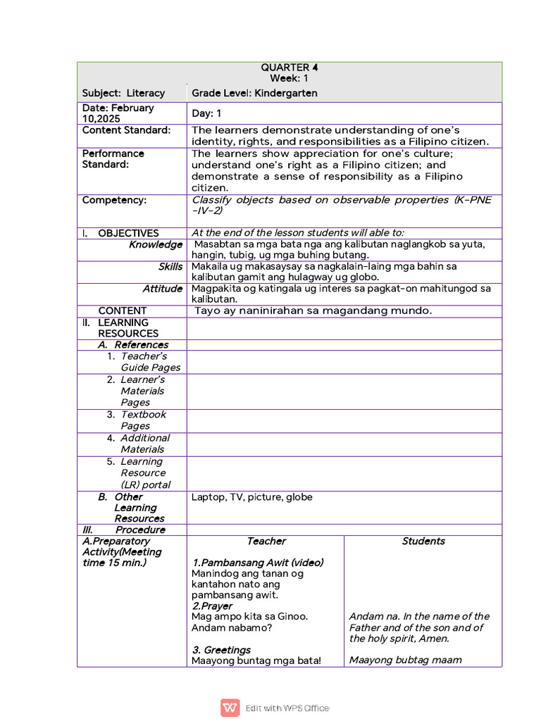 Kinder Q4 Week 1 Day 1 | PDF