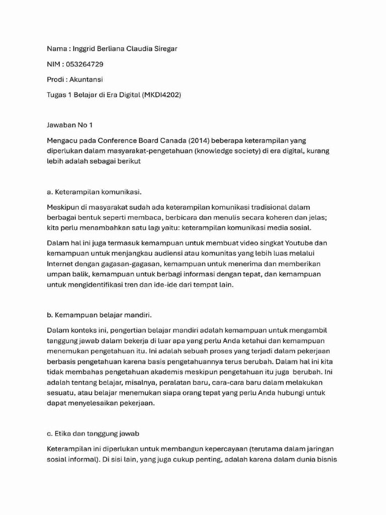 Jawaban Tugas 1 Belajar Di Era Digital Inggrid Siregar 053264729 | PDF
