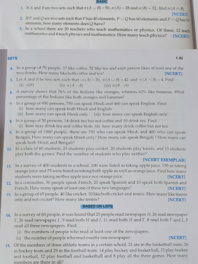 Sets Practice Questions Homework | PDF