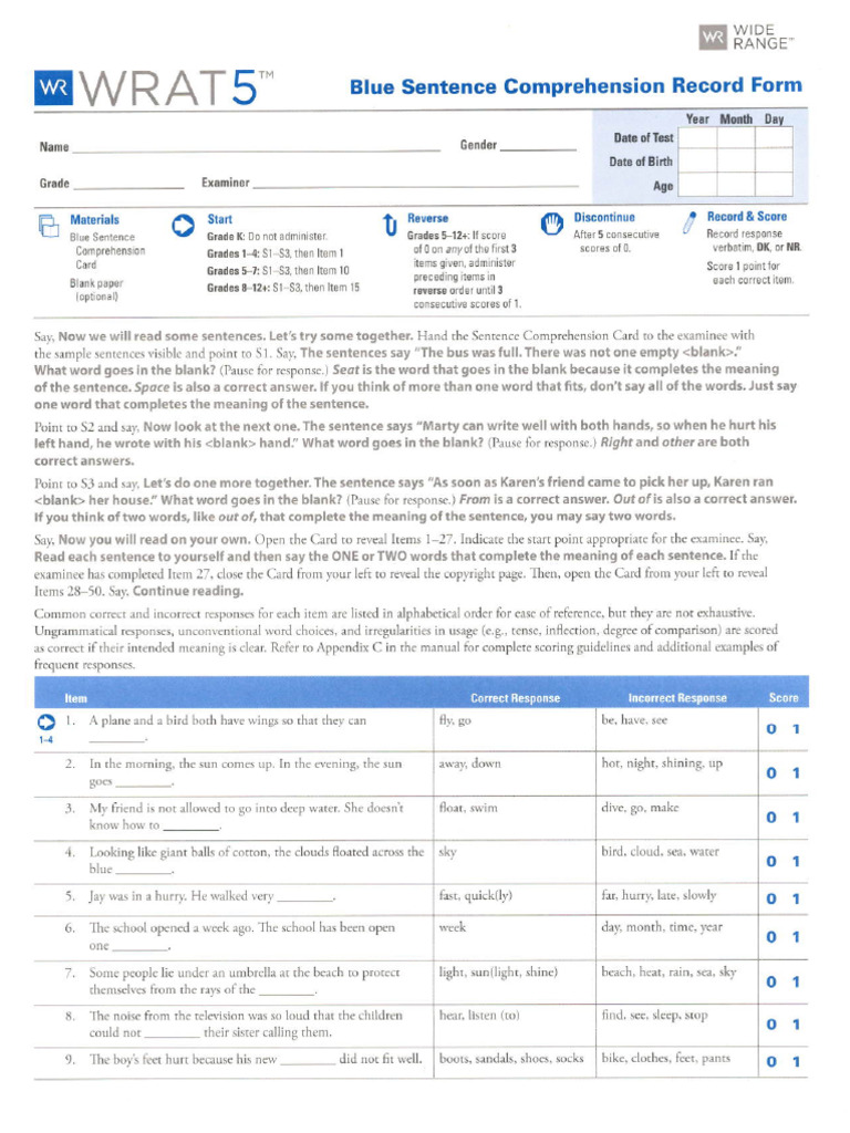 Wrat5 Blue SentenceComprehension | PDF