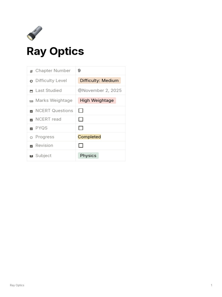 Ray Optics Study Guide and Questions | PDF