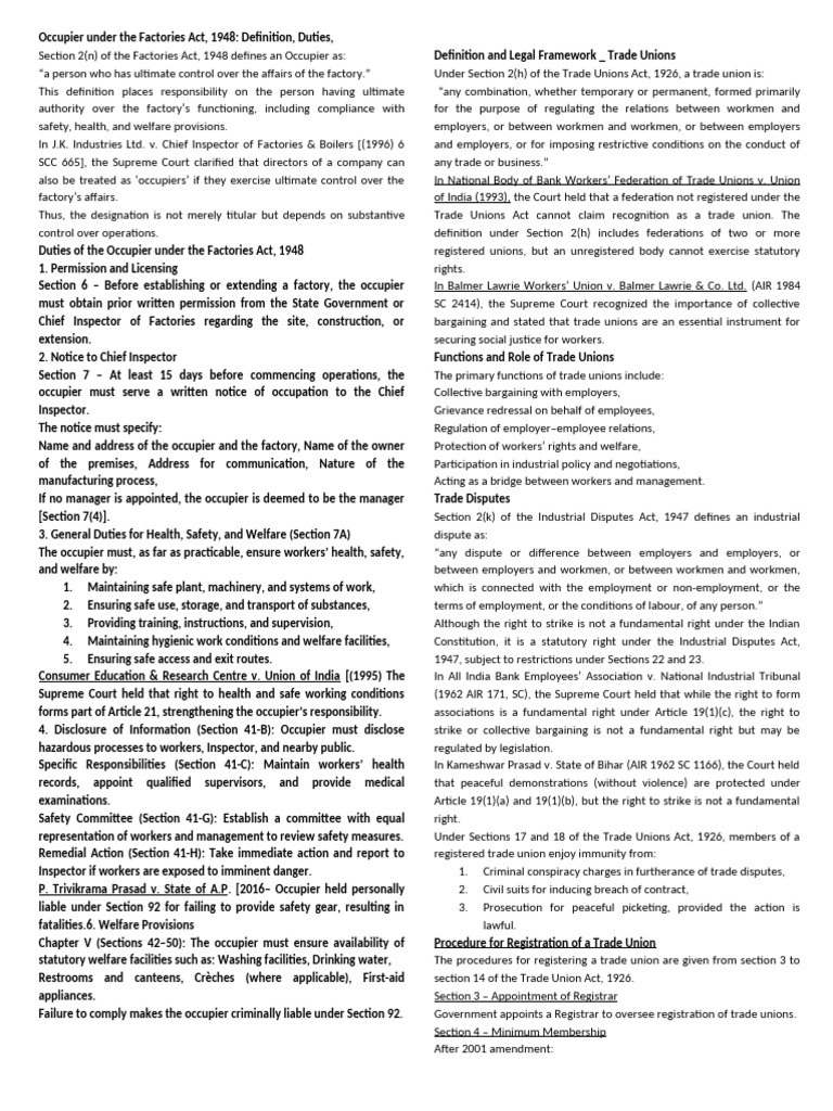 Occupier Under The Factories - Trade Union Dispute & Registration ...
