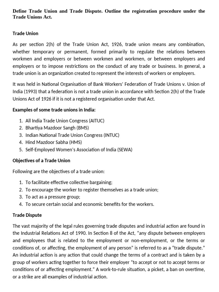 Define Trade Union and Trade Dispute. Outline The Registration ...