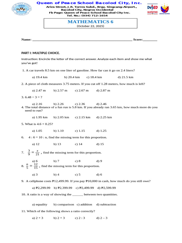 Mathematics 6 Exam Questions | PDF | Ratio | Mathematics