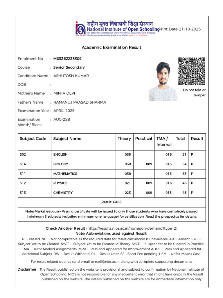 Result - National Institute of Open Schooling | PDF